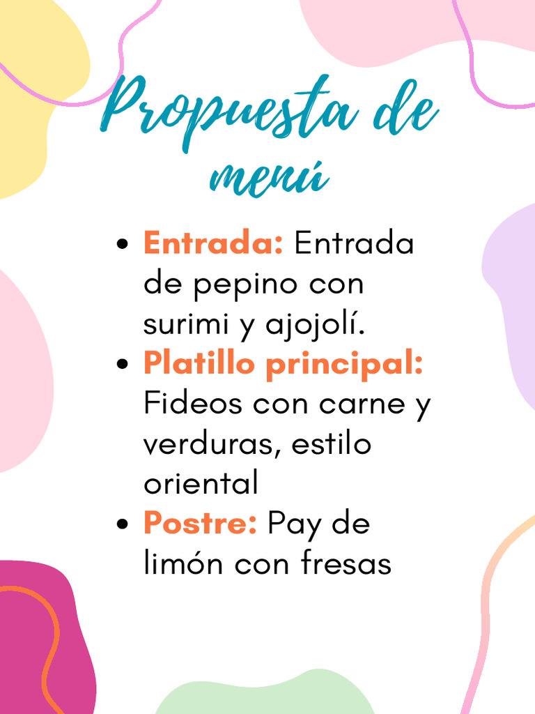 Propuesta de Menú: Entrada: Platillo Principal | PDF