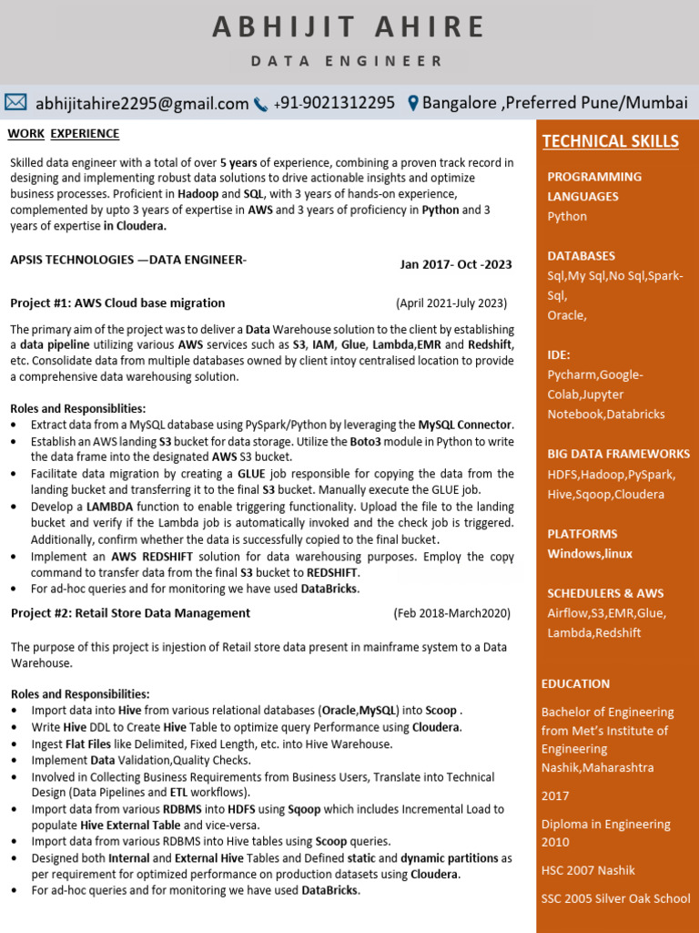 Experienced Data Engineer Profile | PDF | My Sql | Apache Spark