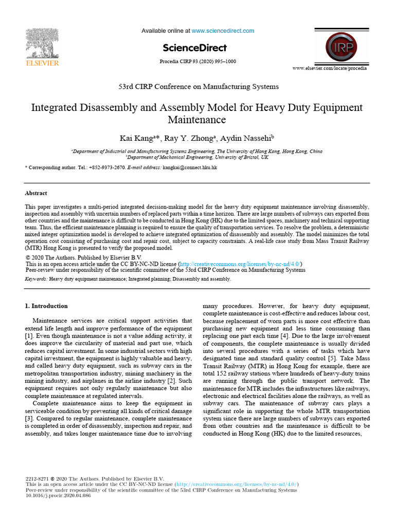 Integrated Disassembly and Assembly Model For Heavy Duty Equipment ...
