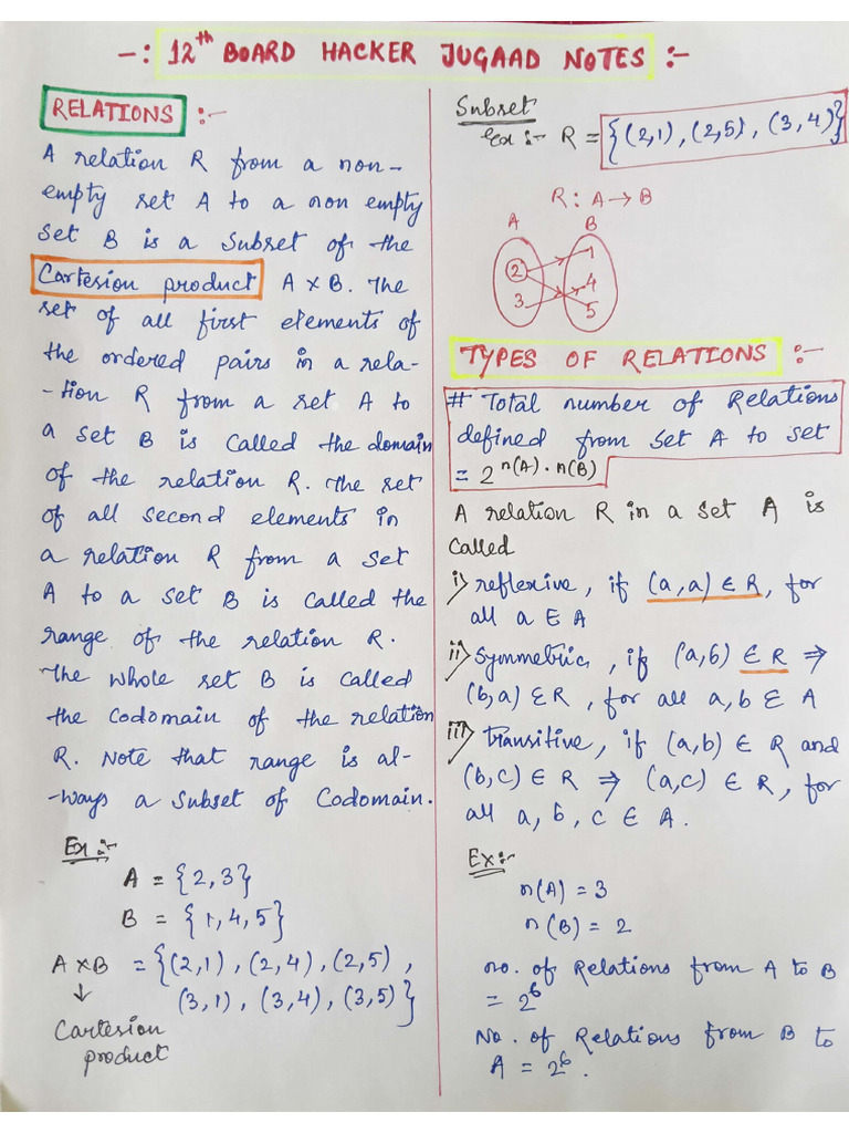 Relation and Function Class 12 Notes | PDF