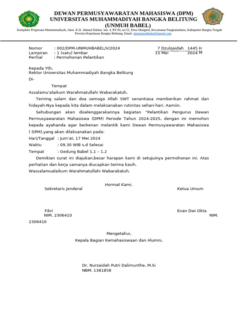 002_Surat Permohonan Pelantikan DPM | PDF
