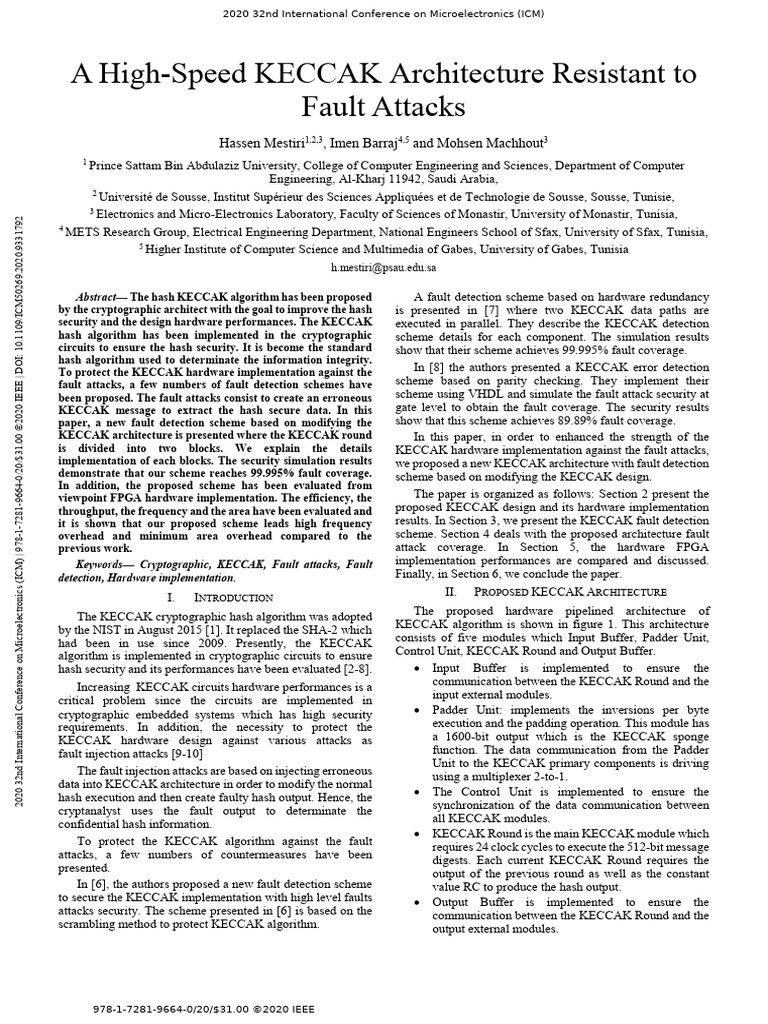 A High-Speed KECCAK Architecture Resistant To Fault Attacks 10.1109icm50269.2020 | PDF ...