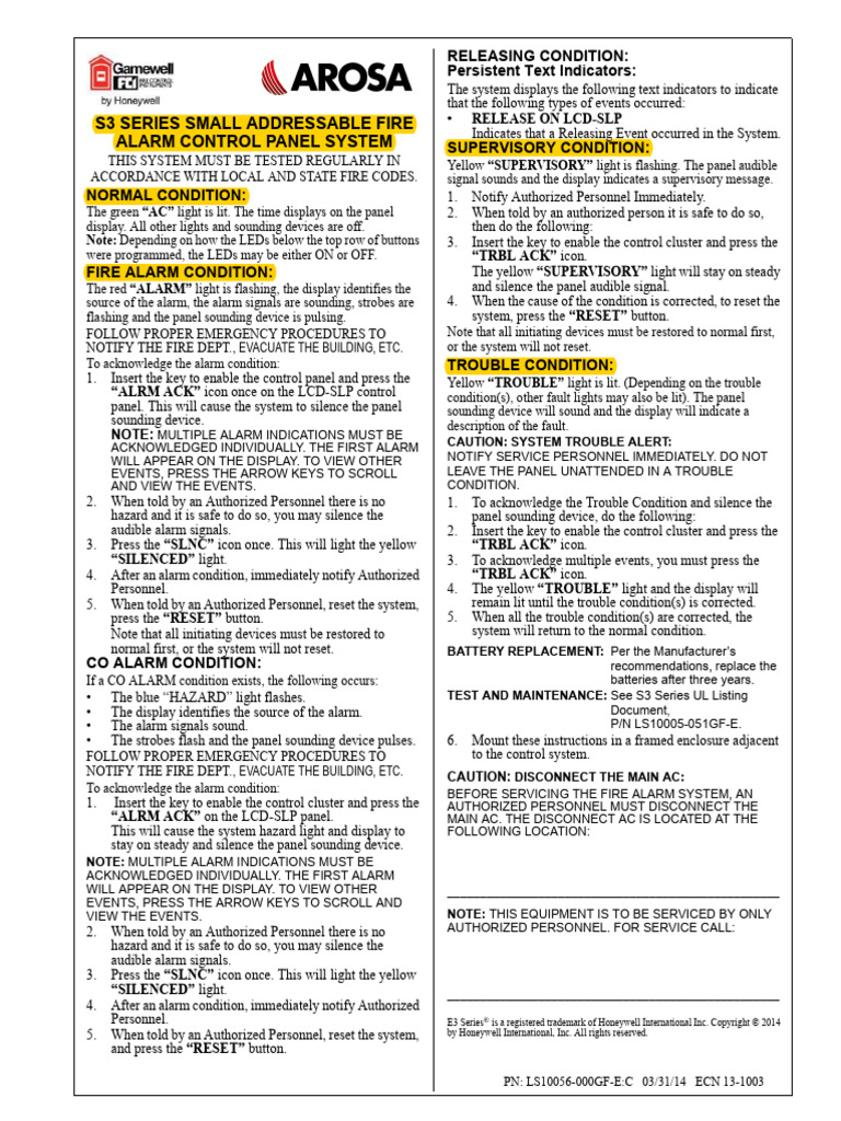 Arosa Honeywell S3 FACP Operating Instructions English | PDF | Equipment