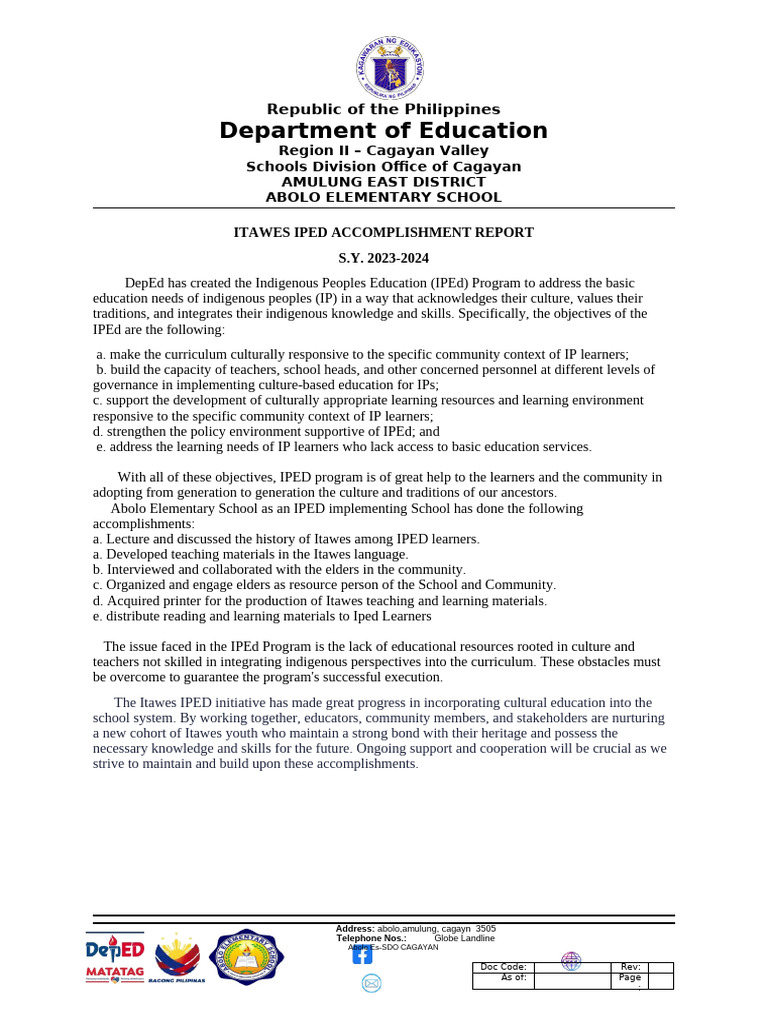 Itawes IPED Accomplishment Report 2023 | PDF | Learning | Cognition