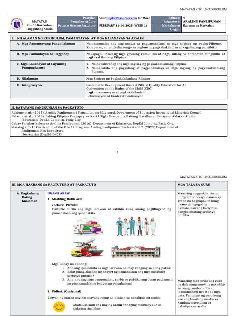 DLL Matatag - Araling Panlipunan 4 Q4 W1 | PDF