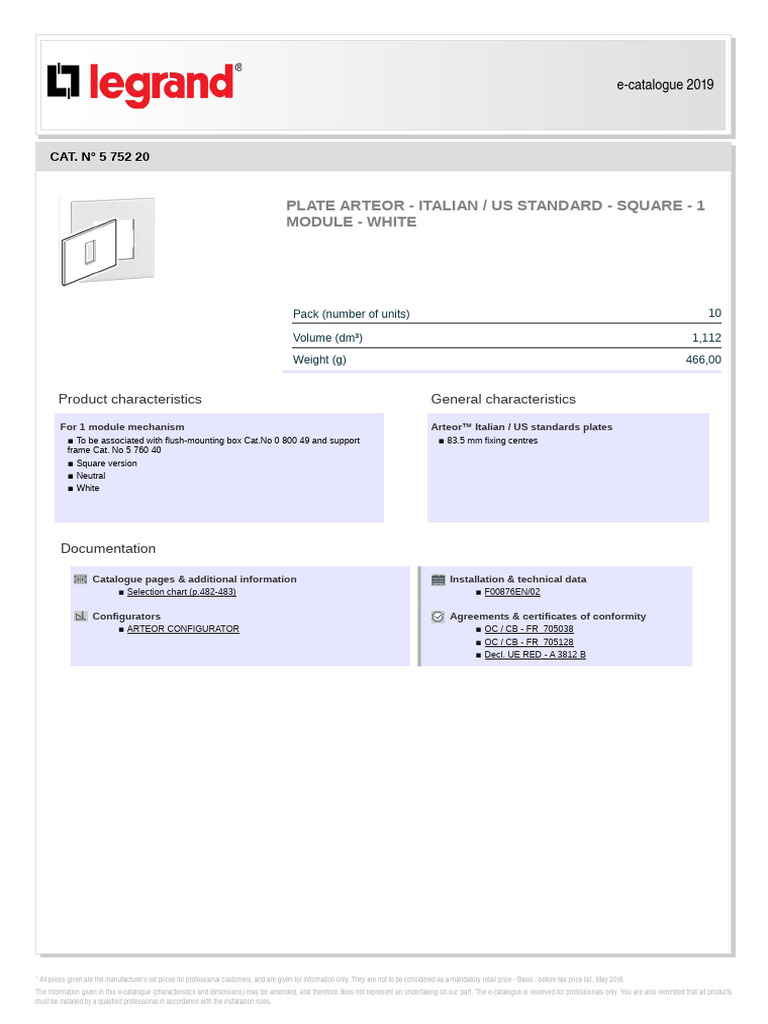 Arteor Square Plate 575220 Specifications | PDF
