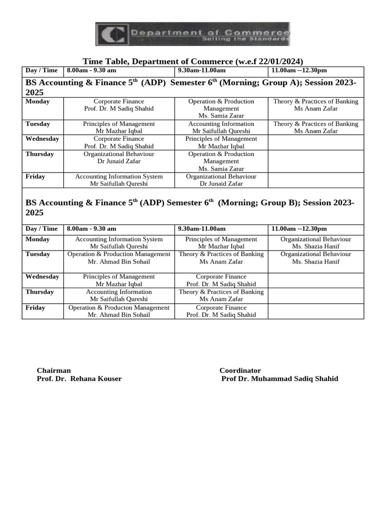BSAF 5th Time Table 2024 Semester 6th | PDF