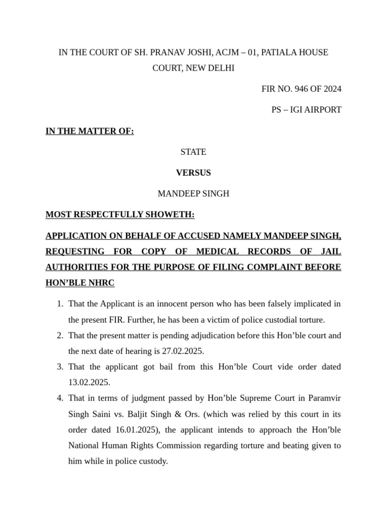 Mandeep Singh - Application For Medical Records | PDF | Government | Crime & Violence