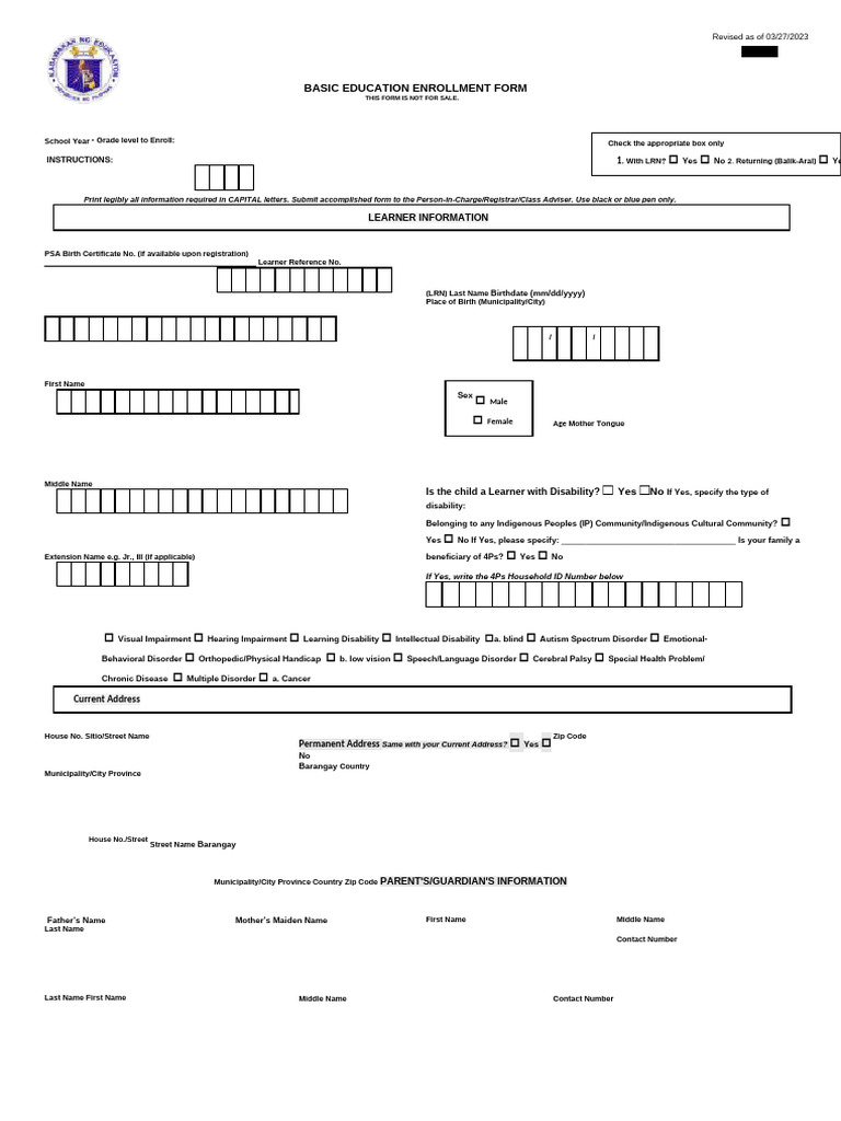 Annex Basic Education Enrollment Form | PDF | Disability | Visual Impairment