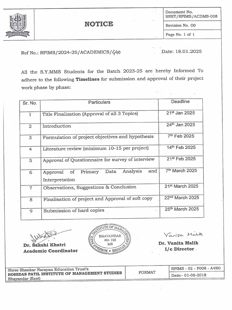 MMS SEM IV - PROJECT TIMELINE - NOTICE - Rotated | PDF