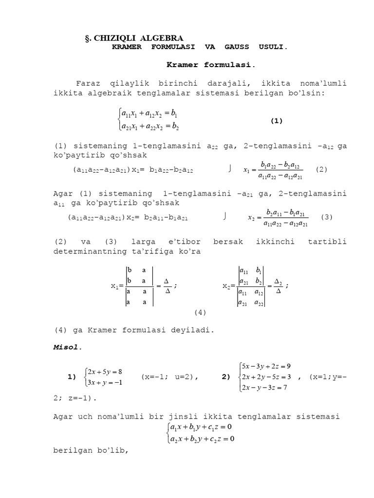 1 - Mavzu Chiziqli Tenglamalar Sistemasi USULLAR | PDF