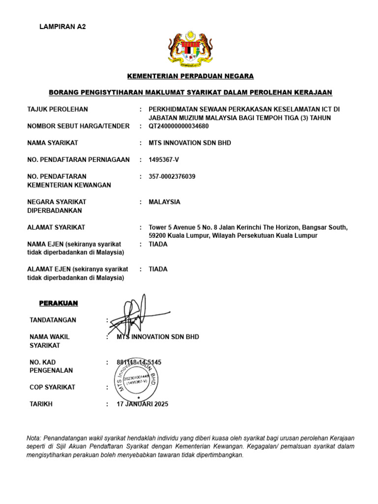 Lampiran A2 - Borang Pengisytiharan Maklumat Syarikat Dalam Perolehan Kerajaan | PDF