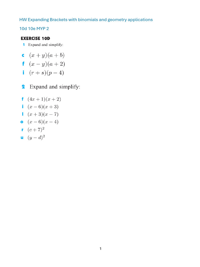 HW Expanding Brackets With Binomials and Geometry Applications MYP 2 | PDF