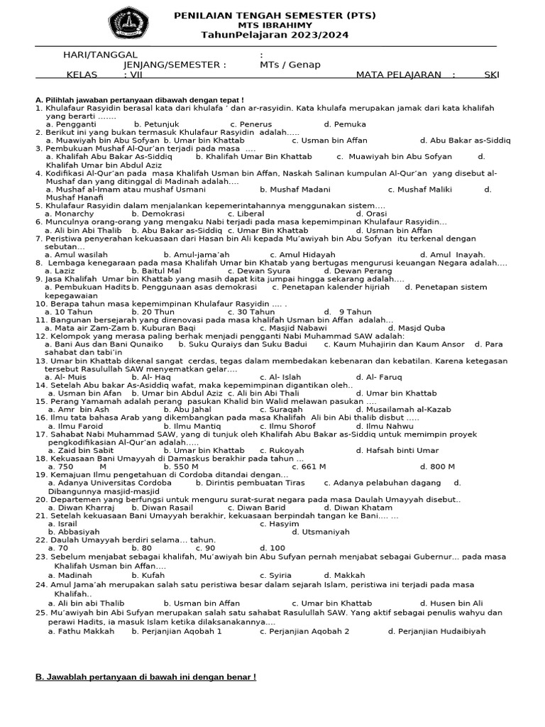 Soal PTS Ski 7 Genap 2022-2023 | PDF