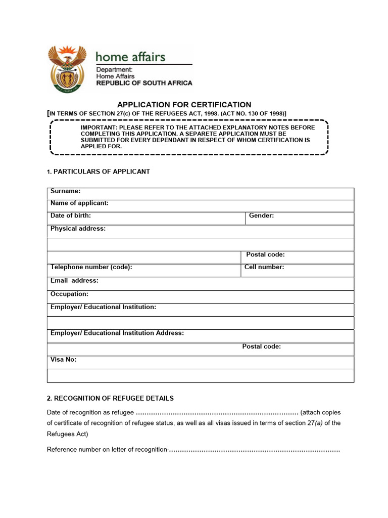 DHA-1754 Application For Certification | PDF | Refugee | Immigration Law