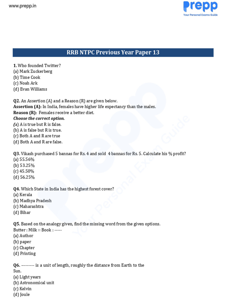 RRB NTPC Previous Year Paper 13 English | PDF