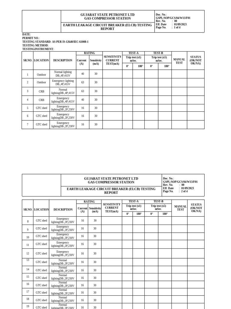 F01 - W13 - Elcb Testing - 01092023 | PDF | Manufactured Goods | Equipment