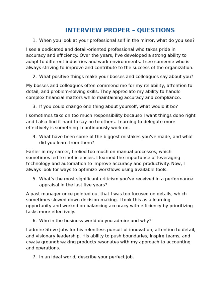 Interview Proper - Questions | PDF | Regulatory Compliance | Decision ...