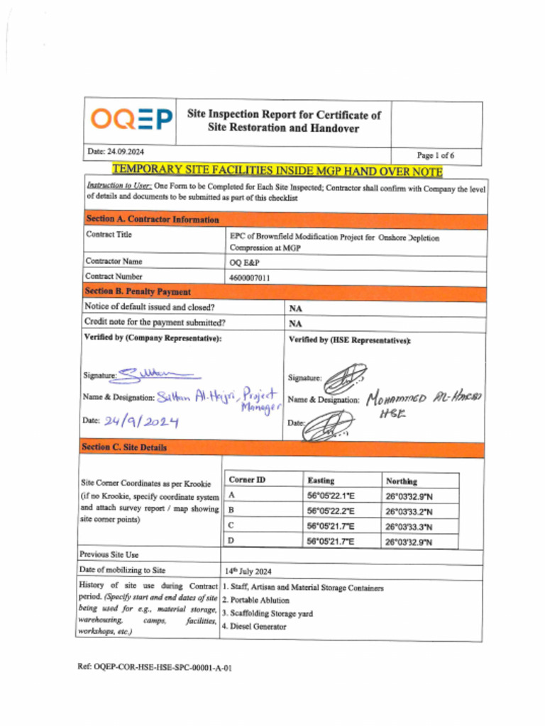 Site Restoration & Handover Certificate | PDF