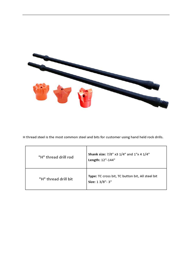 H Thread Drill Rods & Bits Guide | PDF | Drill | Metalworking