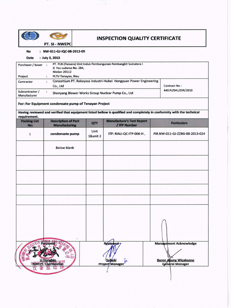 IQC-009 Tenayan Project (Condensate Pump) sign | PDF