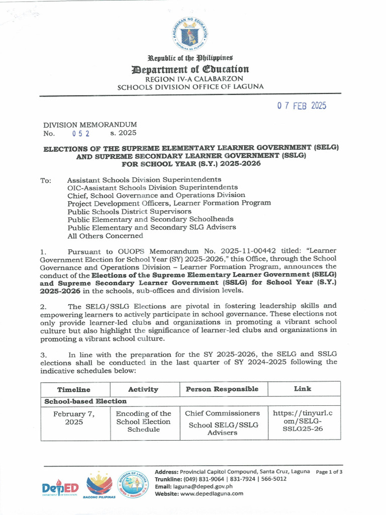 Schedule of Elections SELG SSLG For SY 2025 2026 | PDF