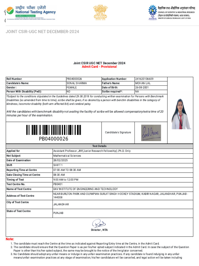 Joint Csir-Ugc Net December-2024 | PDF | Identity Document