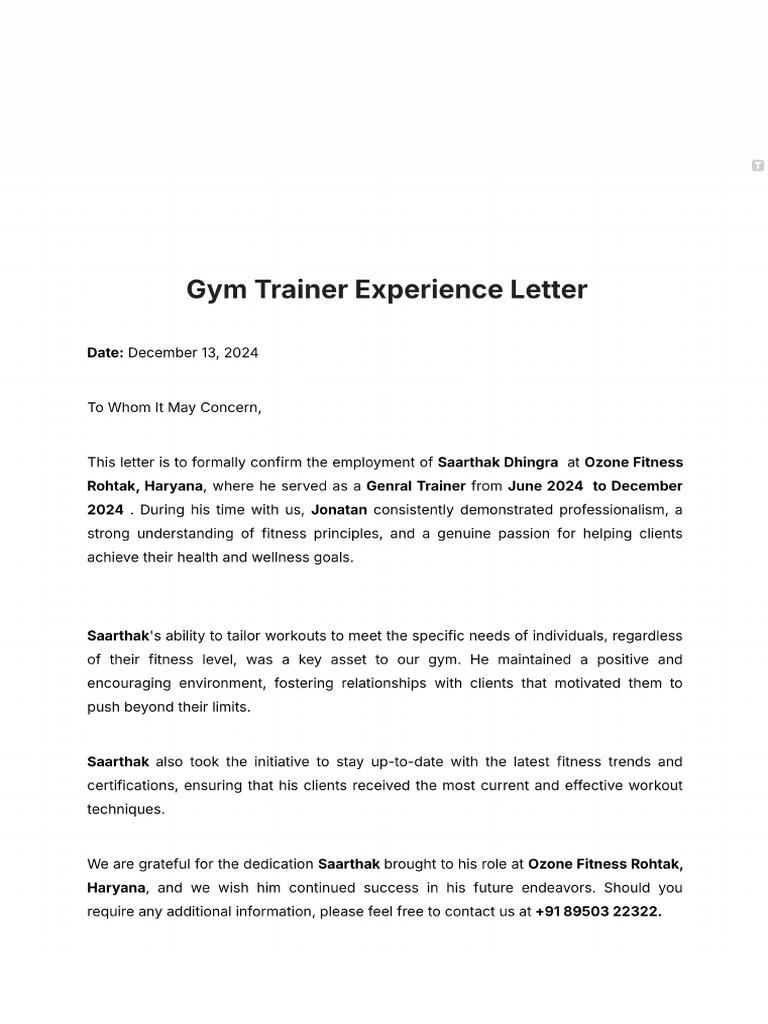 Free Gym Trainer Experience Letter Template | PDF