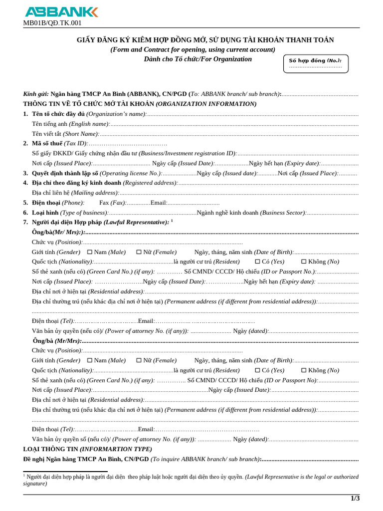 MB01B QD - TK.001 Giay Dang Ky Kiem Hop Dong Mo TKTT - To Chuc. | PDF