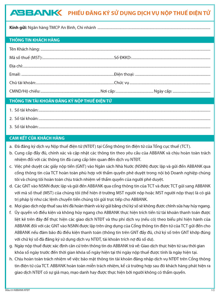 Bieu Mau Dang Ky Dich Vu Nop Thue Dien Tu A4 | PDF