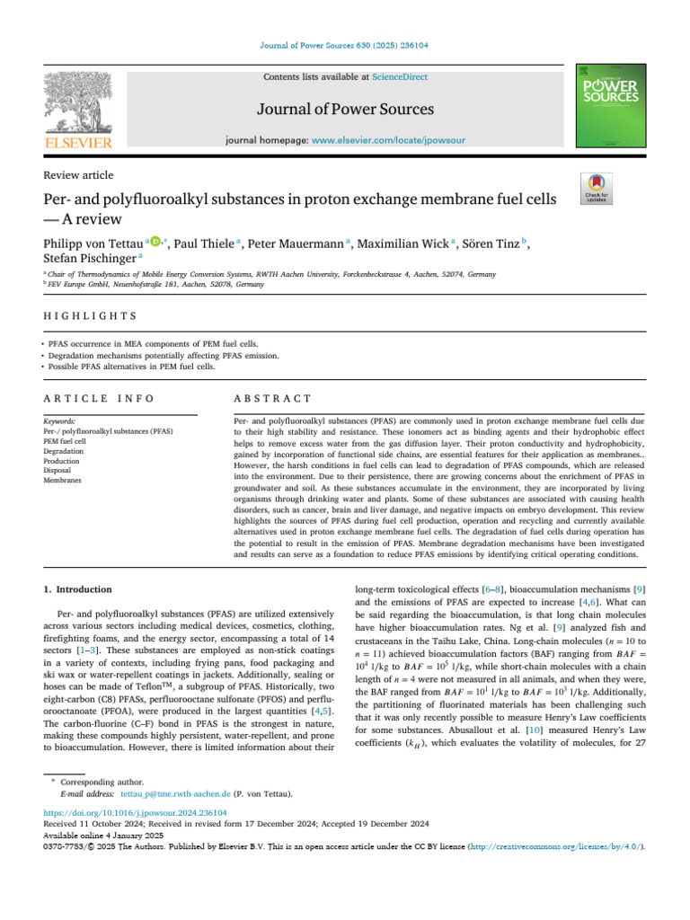 Per - and Polyfluoroalkyl Substances in Proton Exchange Membrane Fuel ...