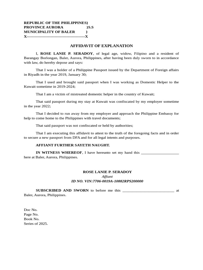 AFFIDAVIT OF EXPLANATION (PASSPORT) | PDF