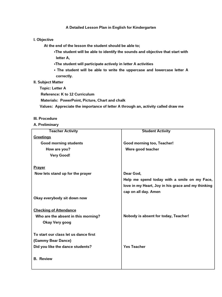 Kindergarten Lesson Plan: Letter A | PDF | Human Communication