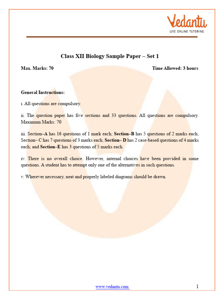 CBSE Class 12 Biology Sample Paper Set 1 (2024-25) With Solutions PDF ...