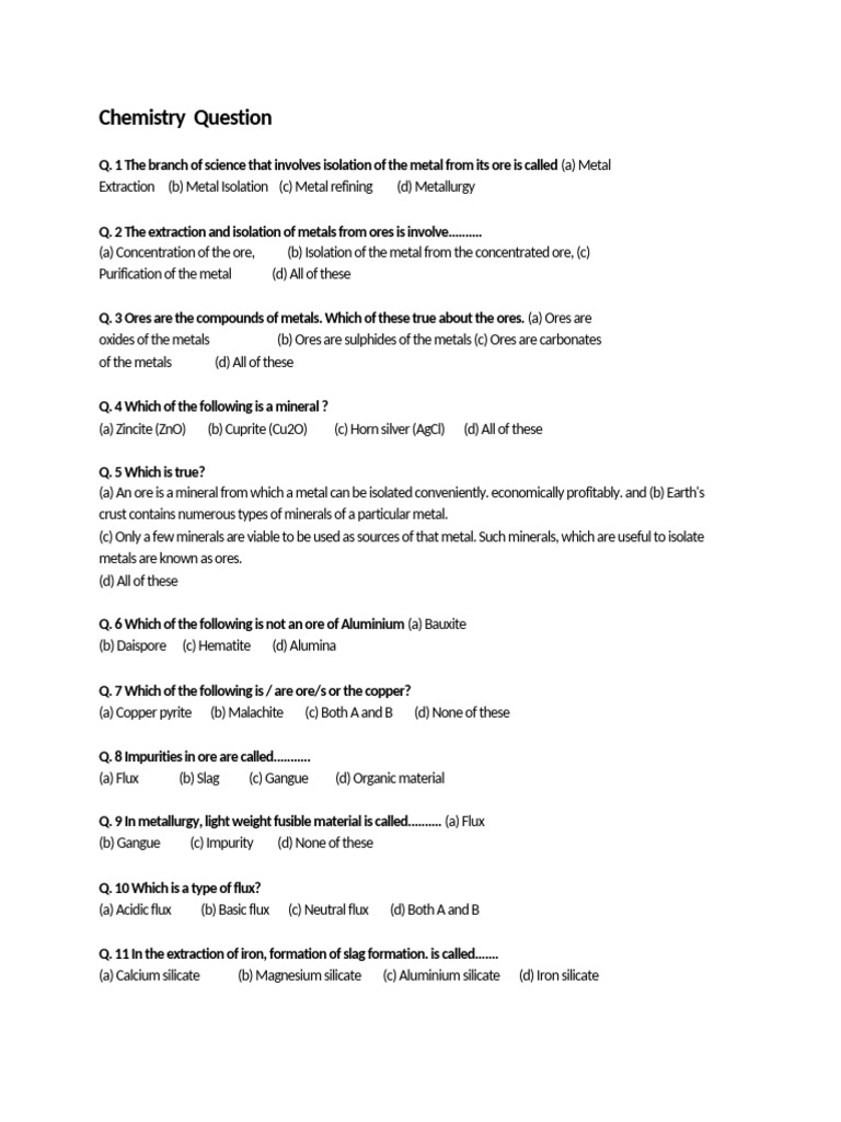 Metal Extraction and Metallurgy Quiz | PDF | Alloy | Ore