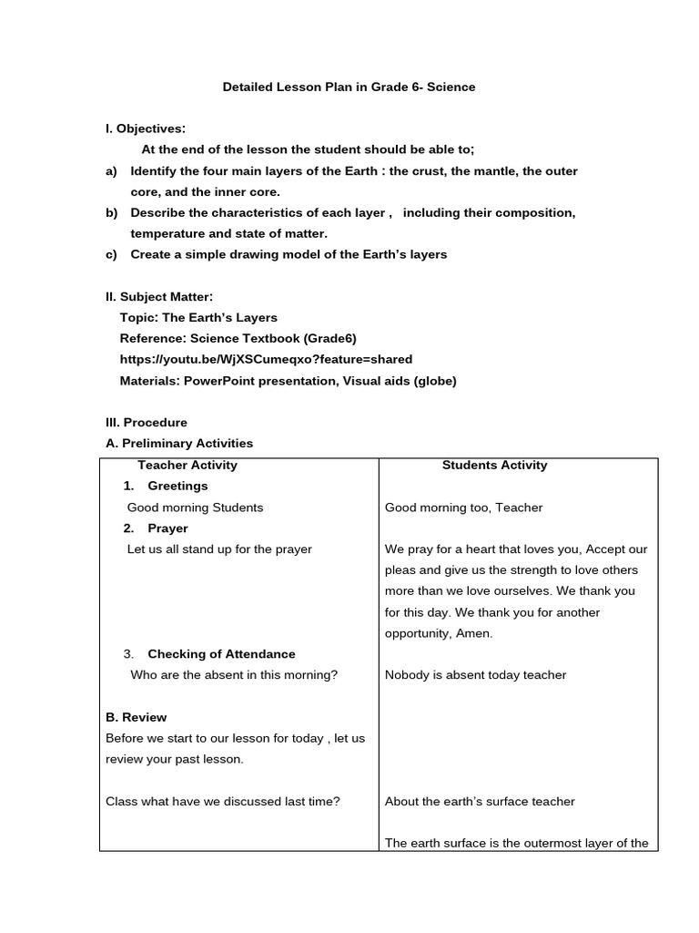 Detailed Lesson Plan in Grade 6 | PDF | Crust (Geology) | Earth