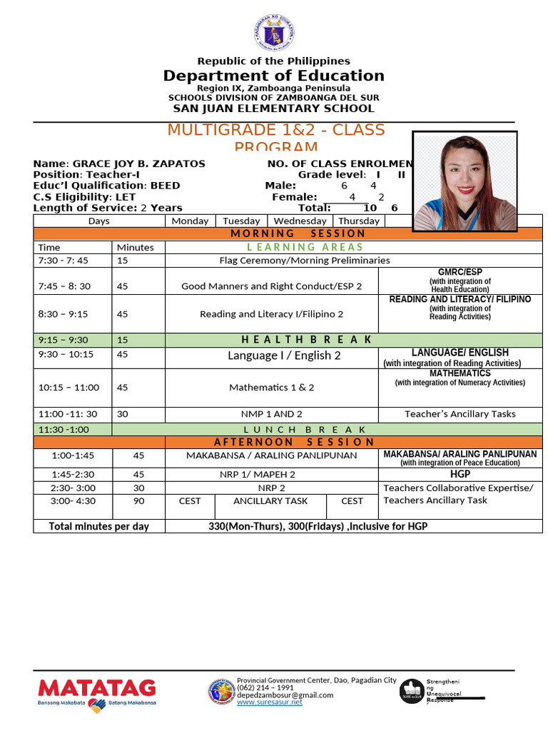 GR 1&2 Matatag Class Program For Sy2024 25 | PDF | Learning Methods | Behavior Modification