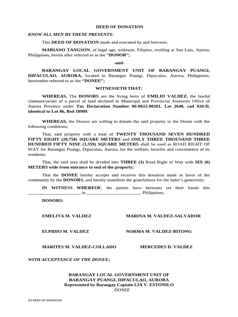 DEED OF DONATION | PDF | Common Law | Civil Law (Common Law)