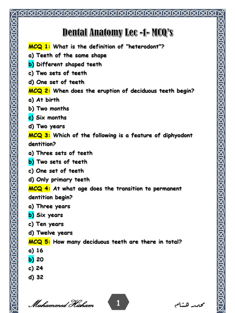 Dental Anatomy LEC (1 To 5) MCQ Questions For First Stage Dentistry | PDF | Dental Anatomy | Tooth