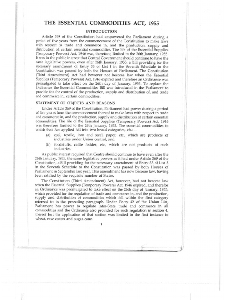 ESSENTIAL COMMODITIES ACT 1955 | PDF