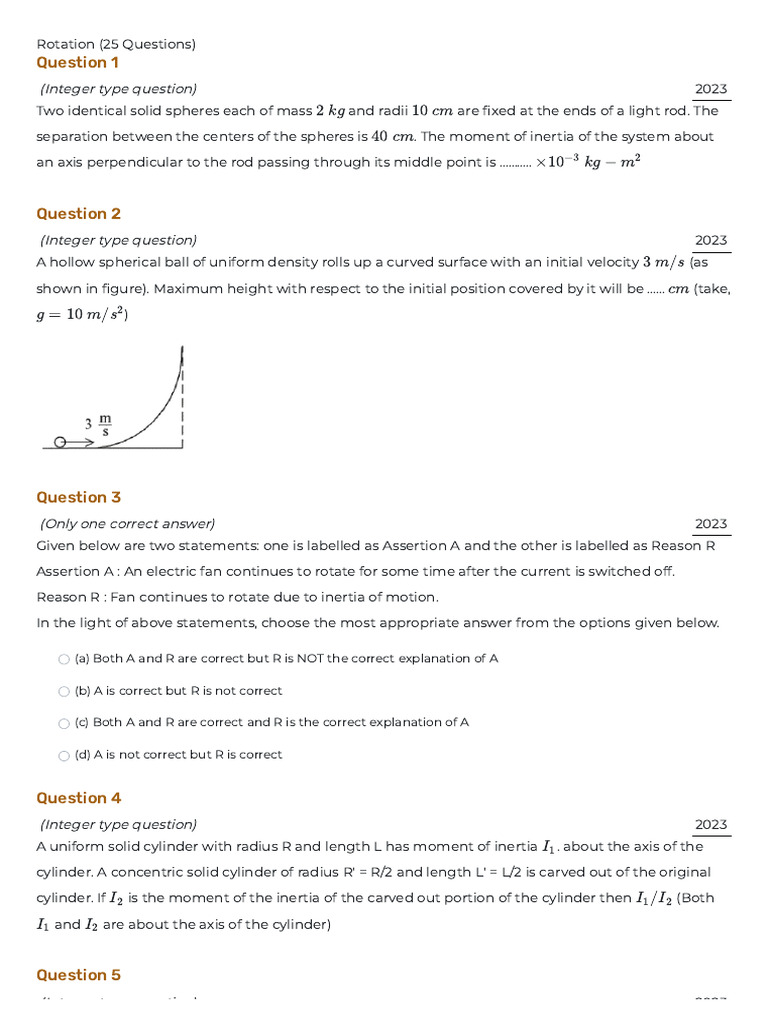 JEE Main 2023 - 6 - Rotation - 25 Questions | PDF | Rotation Around A Fixed Axis | Physical ...