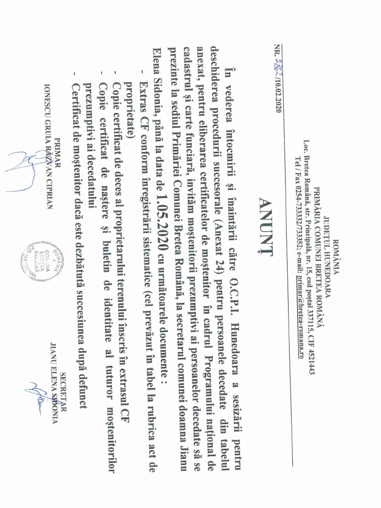Anunt Intocmire Anexa 24 Cadestru Sistematic | PDF