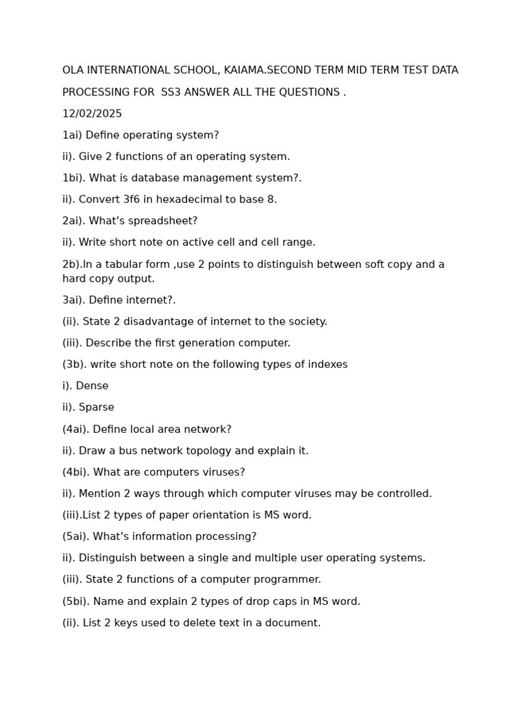 SS3 Data Processing Exam Guide | PDF