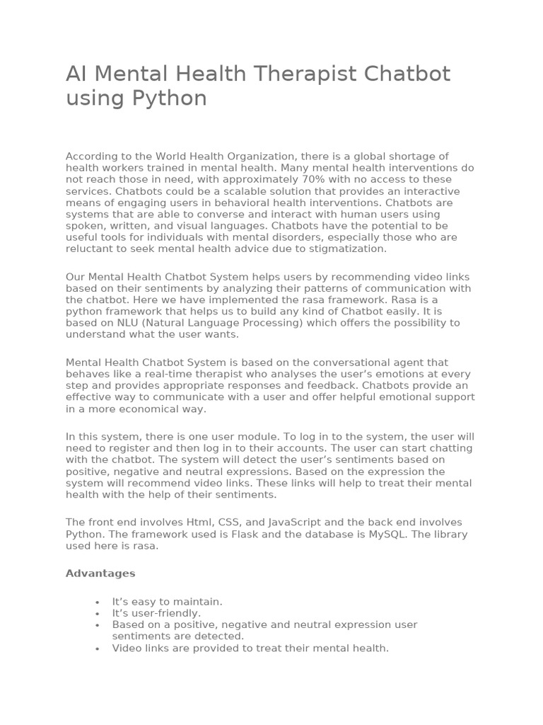 AI Mental Health Therapist Chatbot Using Python | PDF