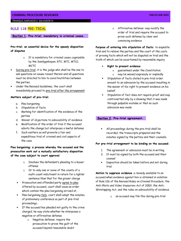 Rule 118 Pre Trial Short Notes | PDF | Plea | Plea Bargain