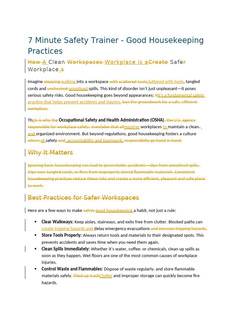 7 Minute Safety Trainer - Good Housekeeping Practices - KR Review | PDF ...