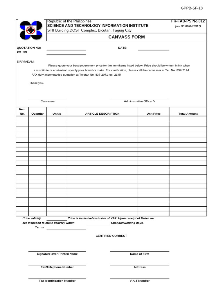 Government Canvass Form Template | PDF
