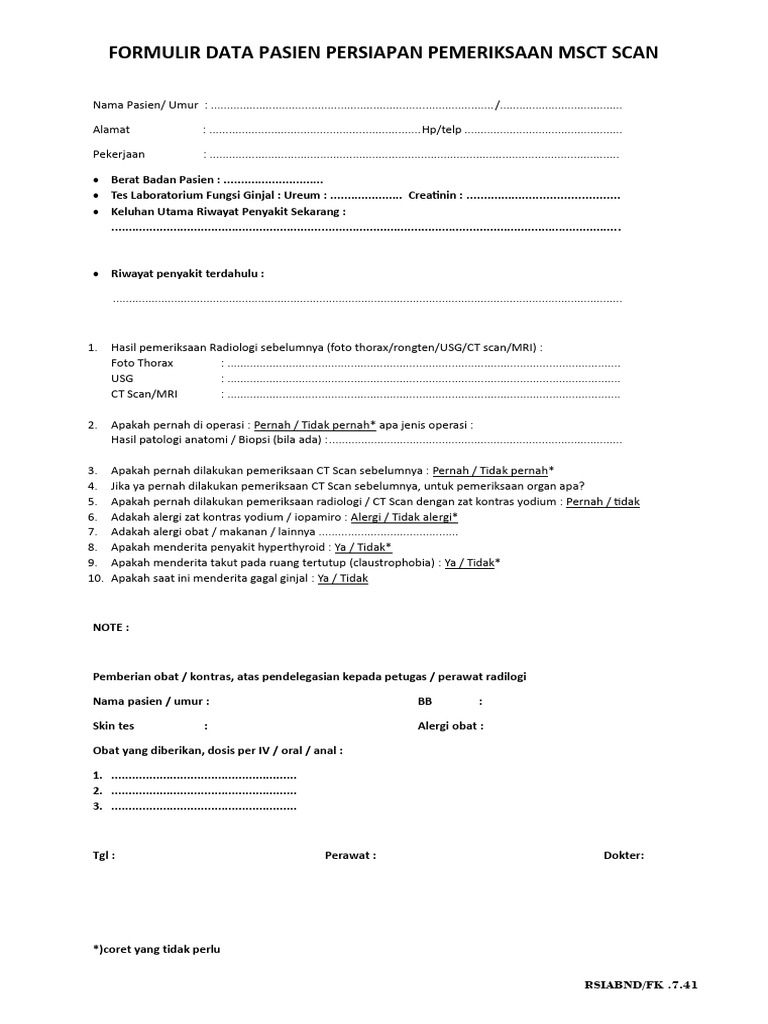Form Data Pasien Persiapan Pemeriksaan MSCAT SCAN | PDF