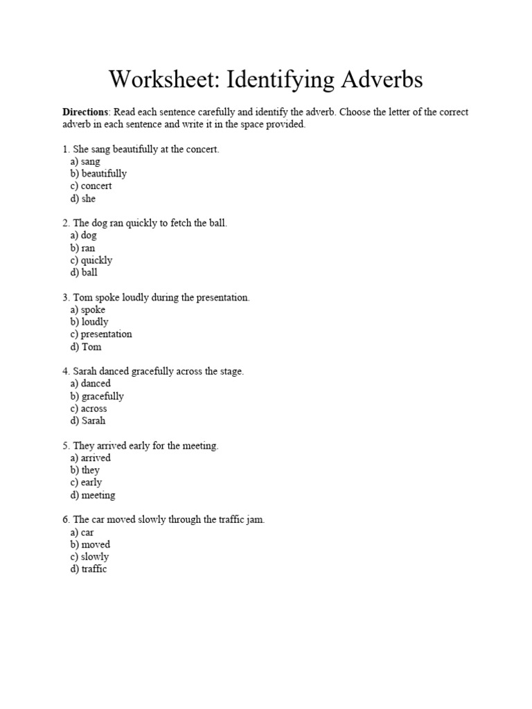 Worksheet: Identifying Adverbs: Directions | PDF | Adverb | Adjective