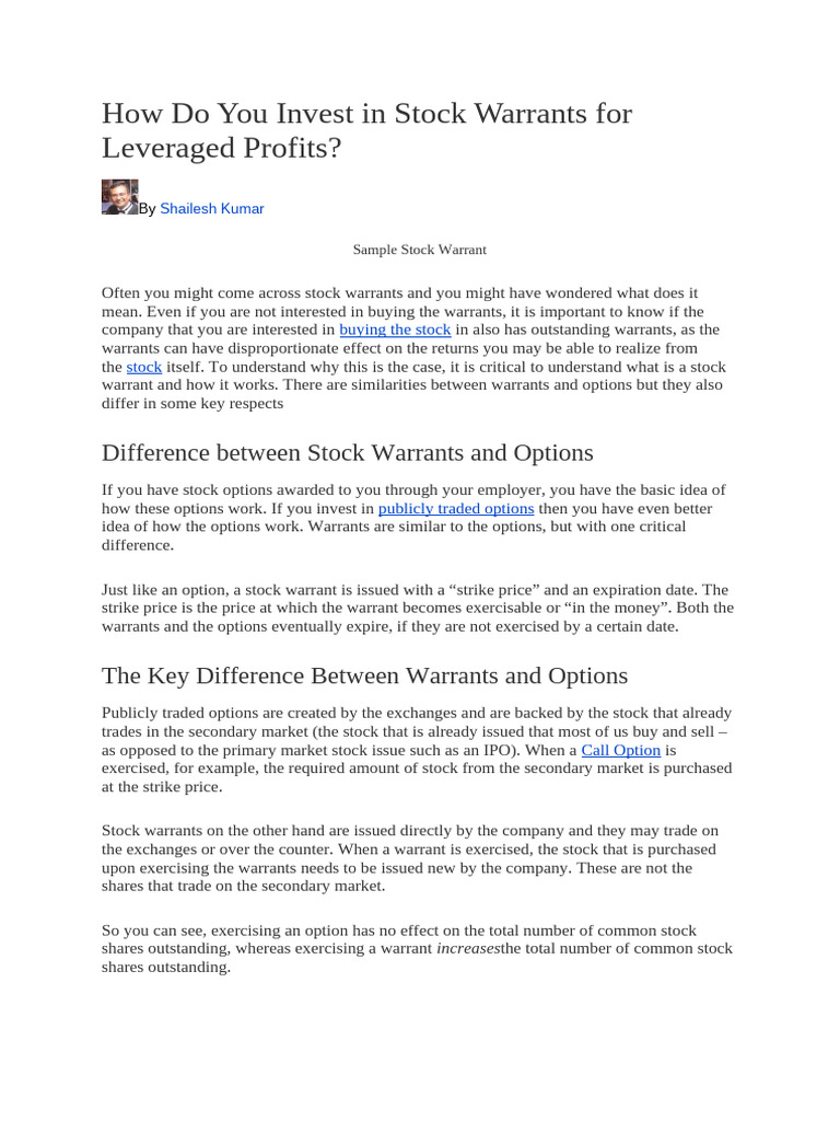 How Do You Invest in Stock Warrants For Leveraged Profits | PDF ...